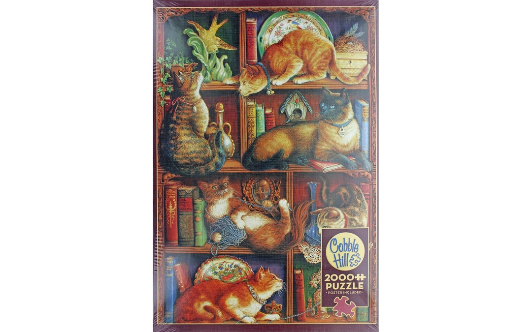 Feline Bookcase 2000 Piece Jigsaw Puzzle Cobble Hill Cat Kitten Library ...