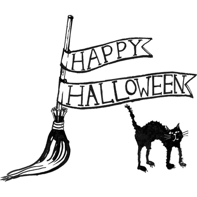 Witches' Broom & Cat Happy Halloween Rubber Cling Stamp Gourmet Scare ...