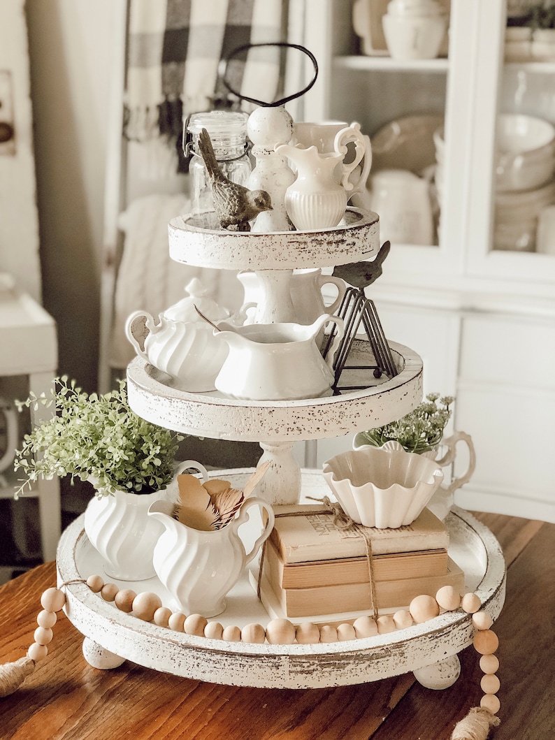 3 Tier White Distressed Tray Rustic Cottage Farmhouse and - Etsy