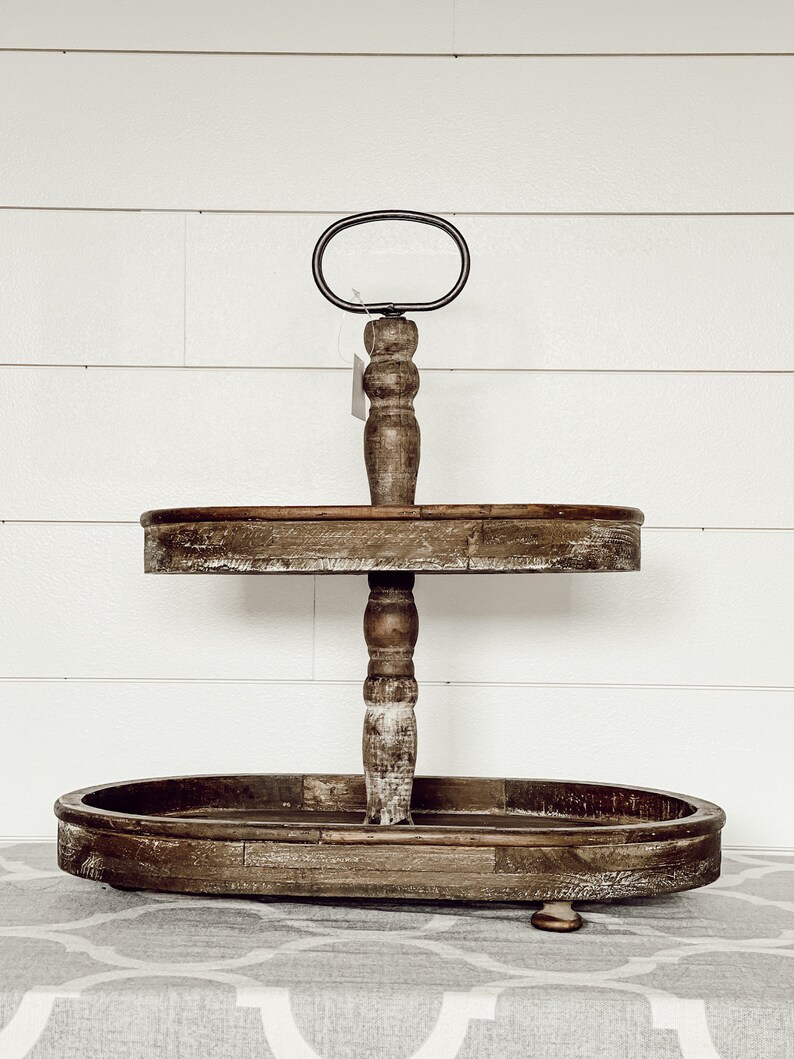 2 Tier OVAL Tray in Walnut Stain Rustic Cottage Farmhouse - Etsy