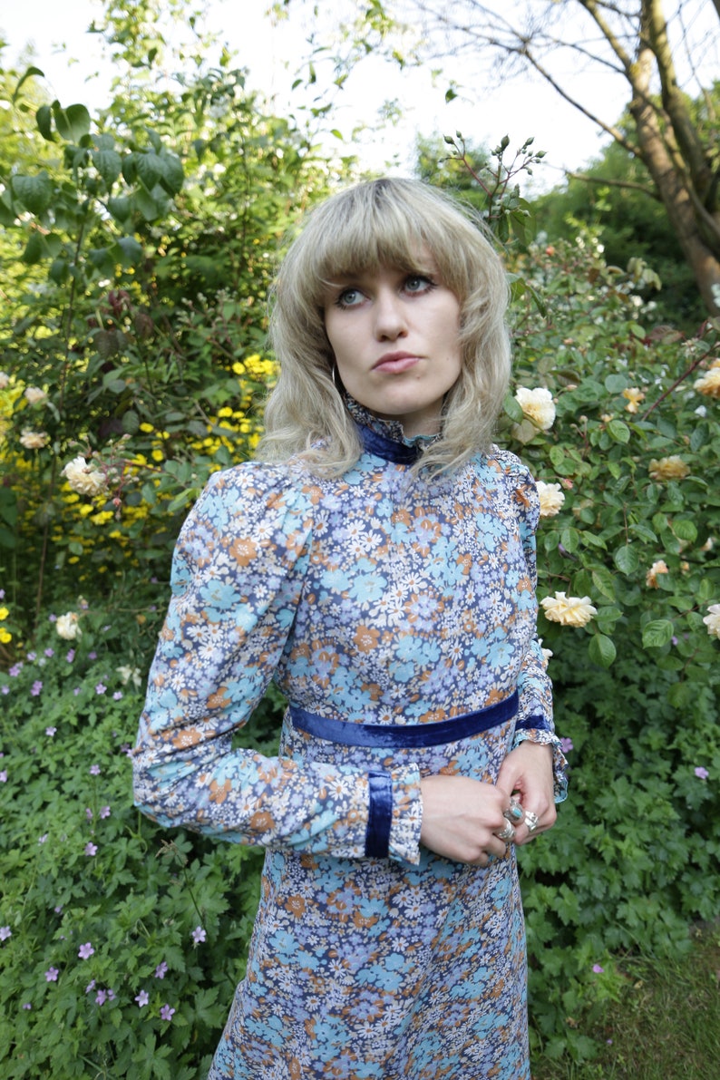 Vintage QUAD 1960s 1970s 60s 70s Floral Prairie Dress High Neck Rare ...