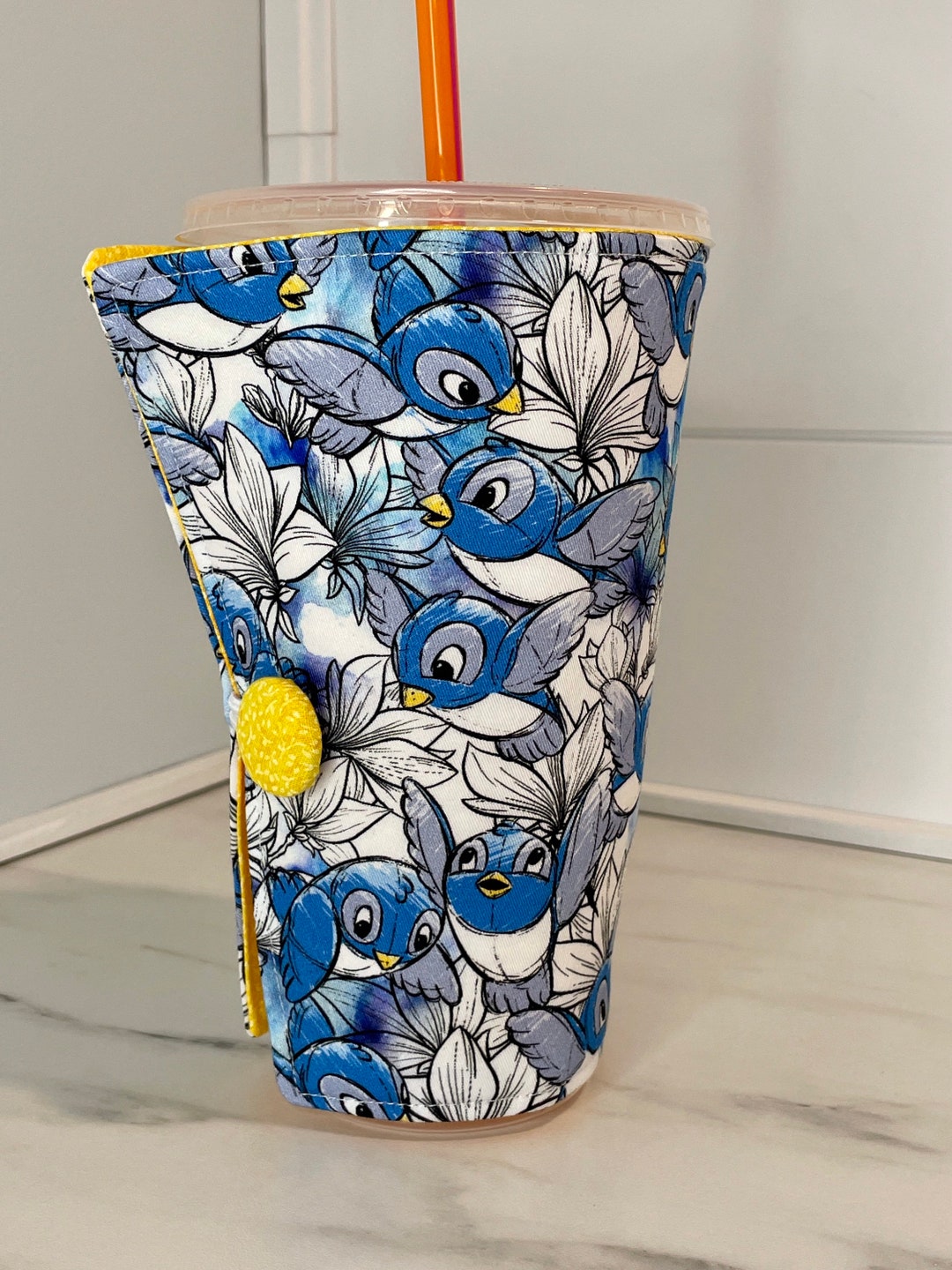 Handmade Fabric Cup Cozy - Blue Bird Floral Iced Coffee Sleeve - Etsy
