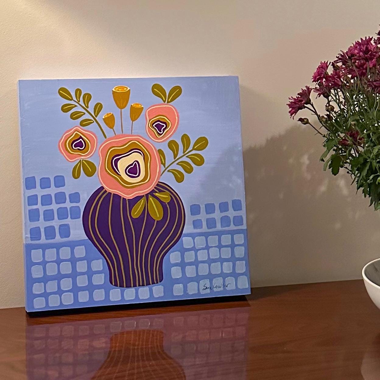 Original Acrylic Floral Still Life Painting, Quirky Floral Artwork ...