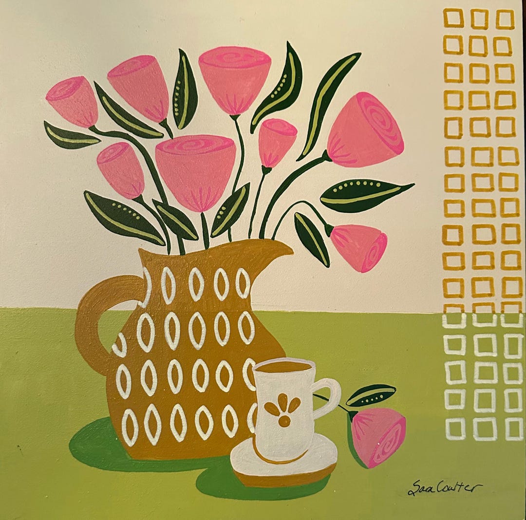 Original Acrylic Floral Still Life Painting, Quirky Floral Artwork ...