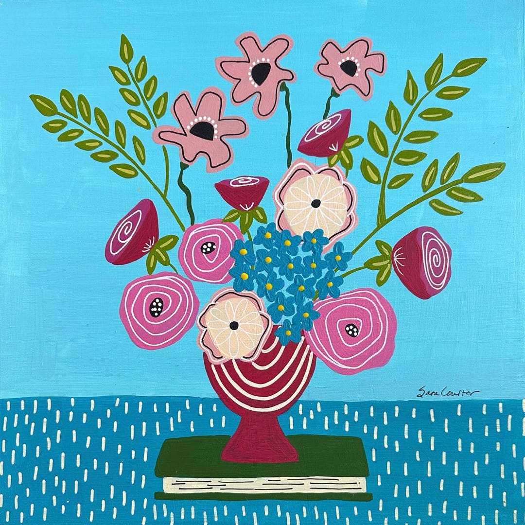 Original Acrylic Floral Still Life Painting, Quirky Floral Artwork ...