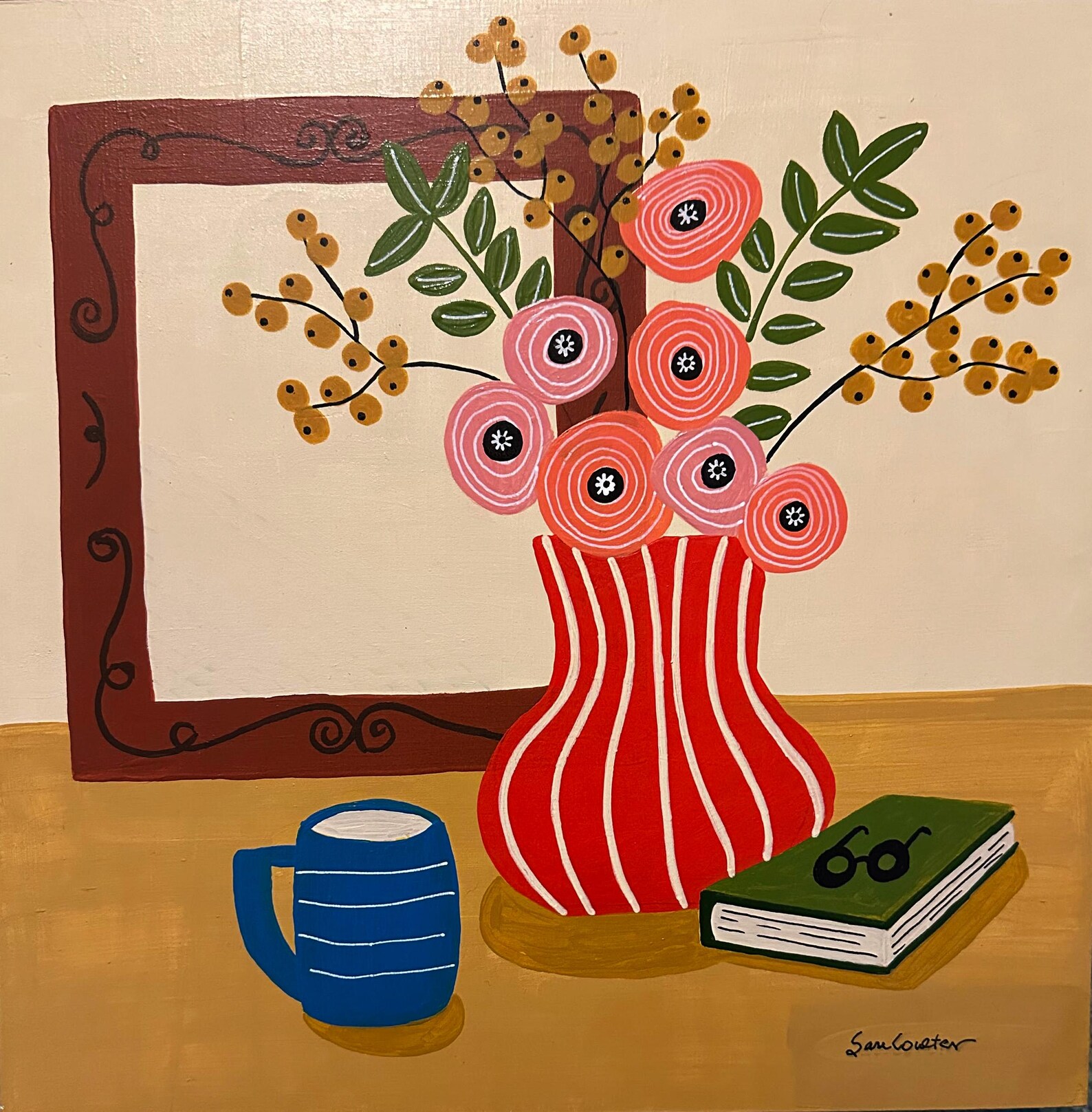 Original Acrylic Floral Still Life Painting, Quirky Floral Artwork ...