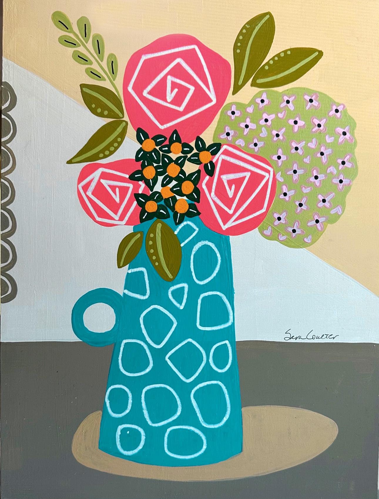 Original Acrylic Floral Still Life Painting, Quirky Floral Artwork ...
