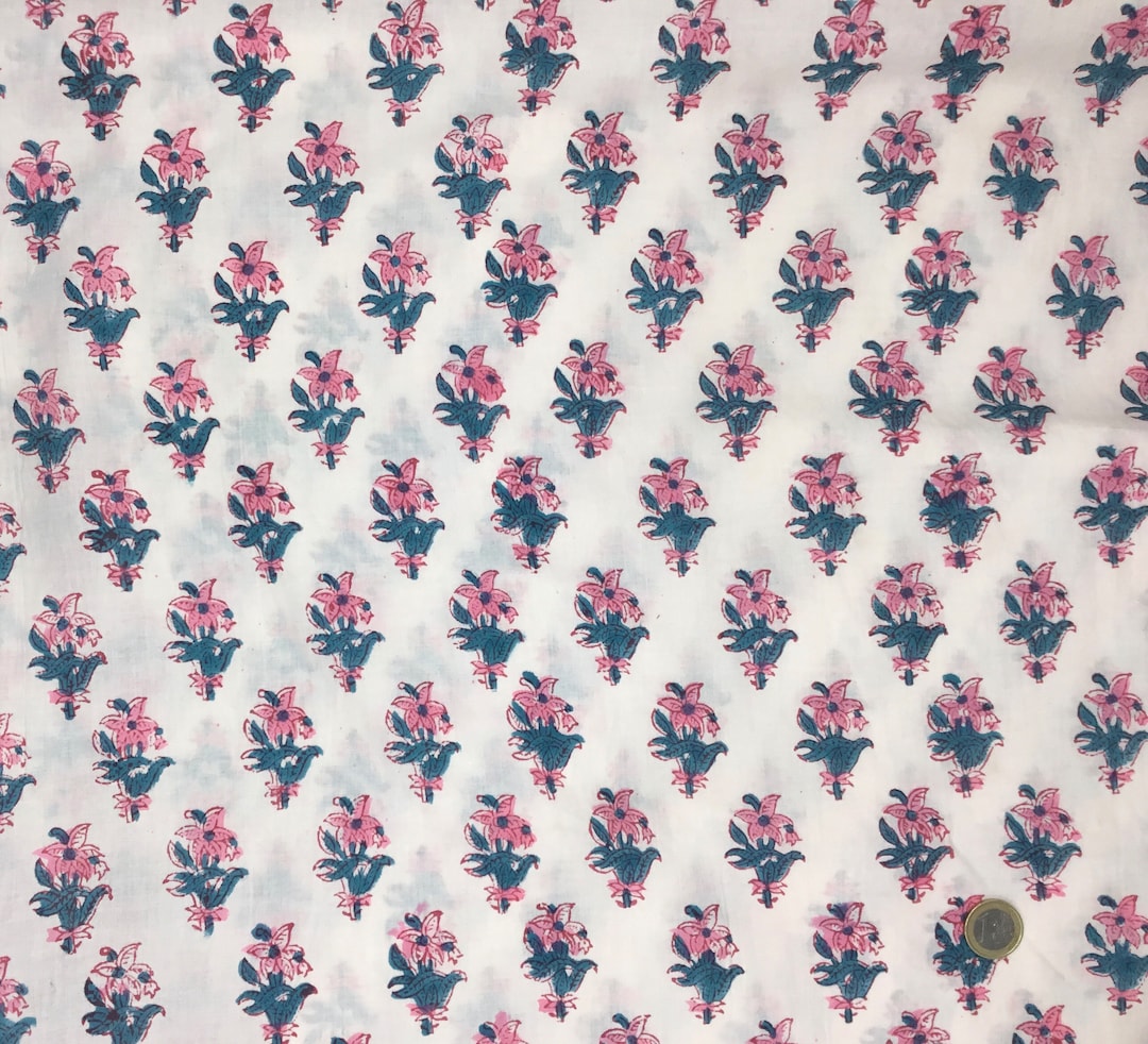 Indian Block Printed Cotton Muslin, Hand Made. Pink Lilies Block Print ...