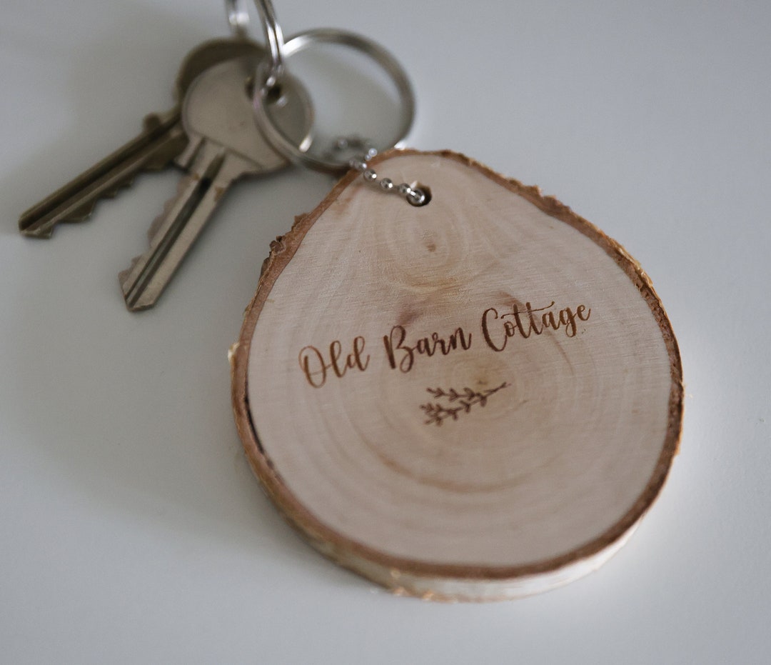 Personalised Log Keyring Log Slice Key Fob Guest House Key Holiday Let ...