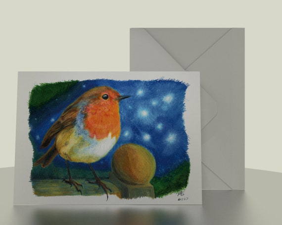 Robin Red Breast on a dark blue starry sky, watercolour pencil drawing ...