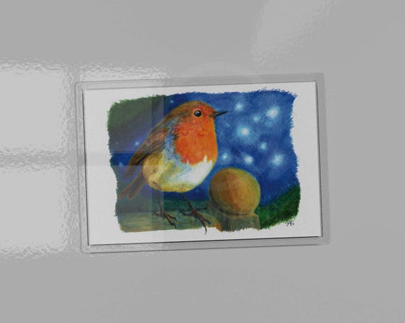 Robin Red Breast on a dark blue starry sky, watercolour pencil drawing ...