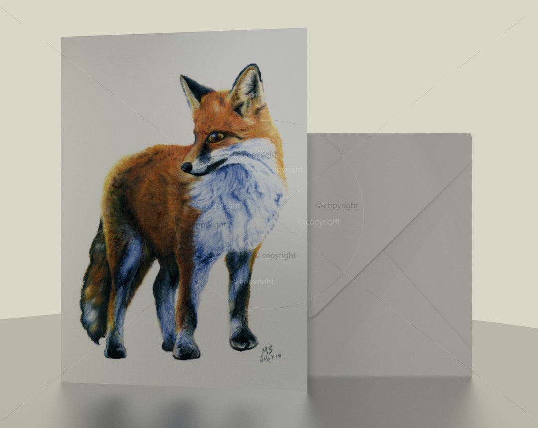 Fox Standing. 7x5 Art Greeting Card, Print of Watercolour Pencil ...
