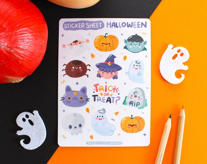 Halloween Sticker Sheet 12 Cute Spooky Stickers Printed on A6 - Etsy