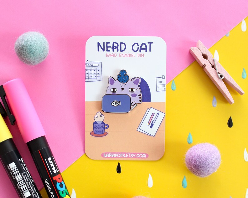 Nerd Cat Hard Enamel Pin With Silver Nickel Plating 28mm | Etsy