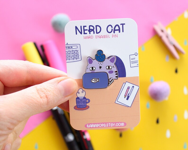 Nerd Cat Hard Enamel Pin With Silver Nickel Plating 28mm | Etsy