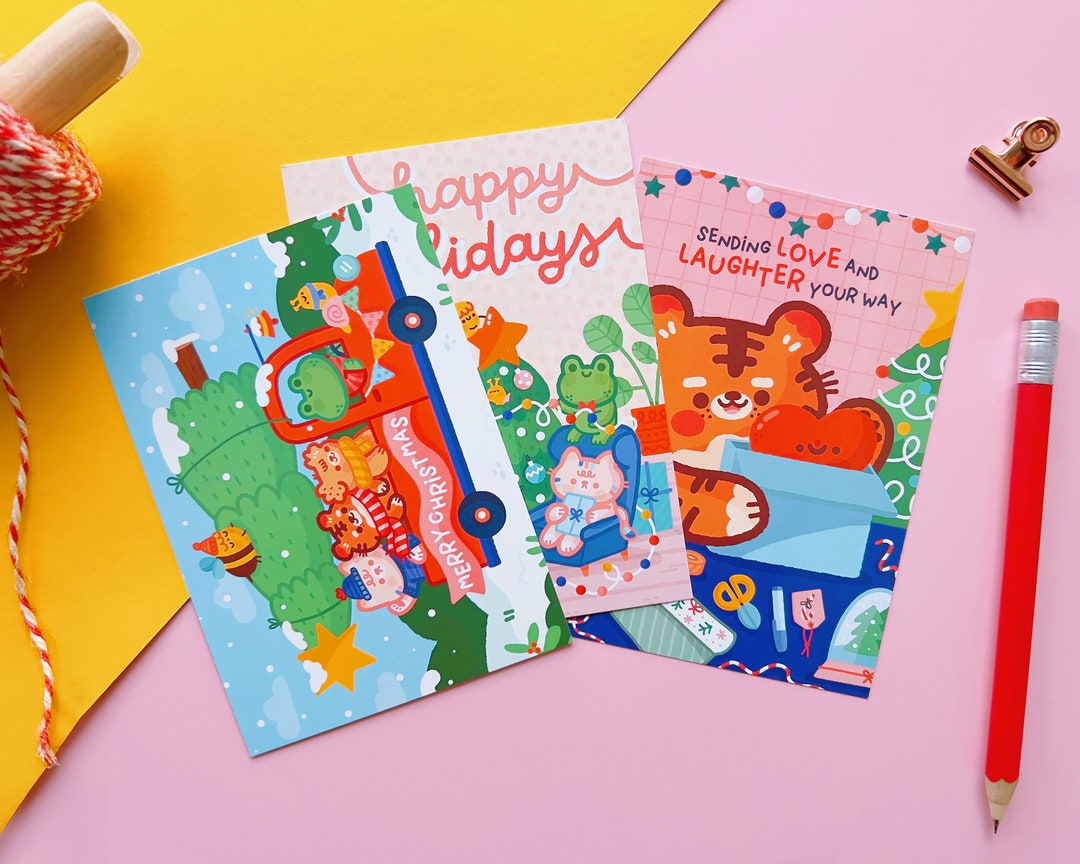 Bundle of 3 Christmas Postcards - Cute Holiday Postcards, Printed on a ...