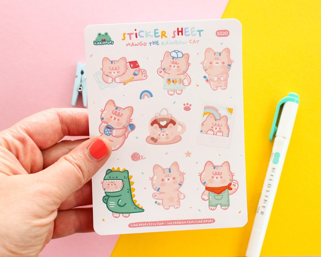 Sticker Sheet "mango the Rainbow Cat", Set of 12 Kiss Cut Stickers ...