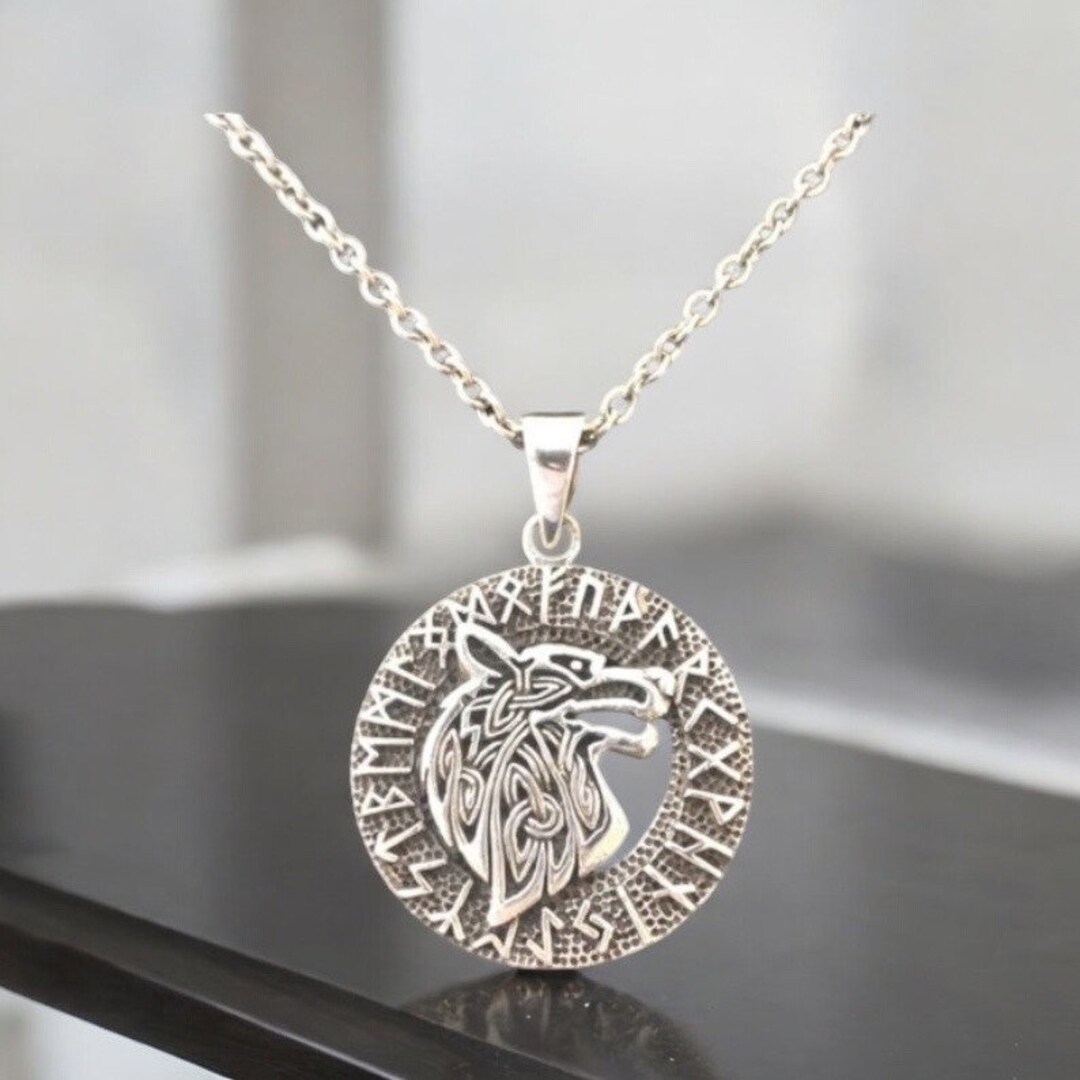 Handcast 925 Sterling Silver Celtic Wolf Pendant Accented With Runic ...