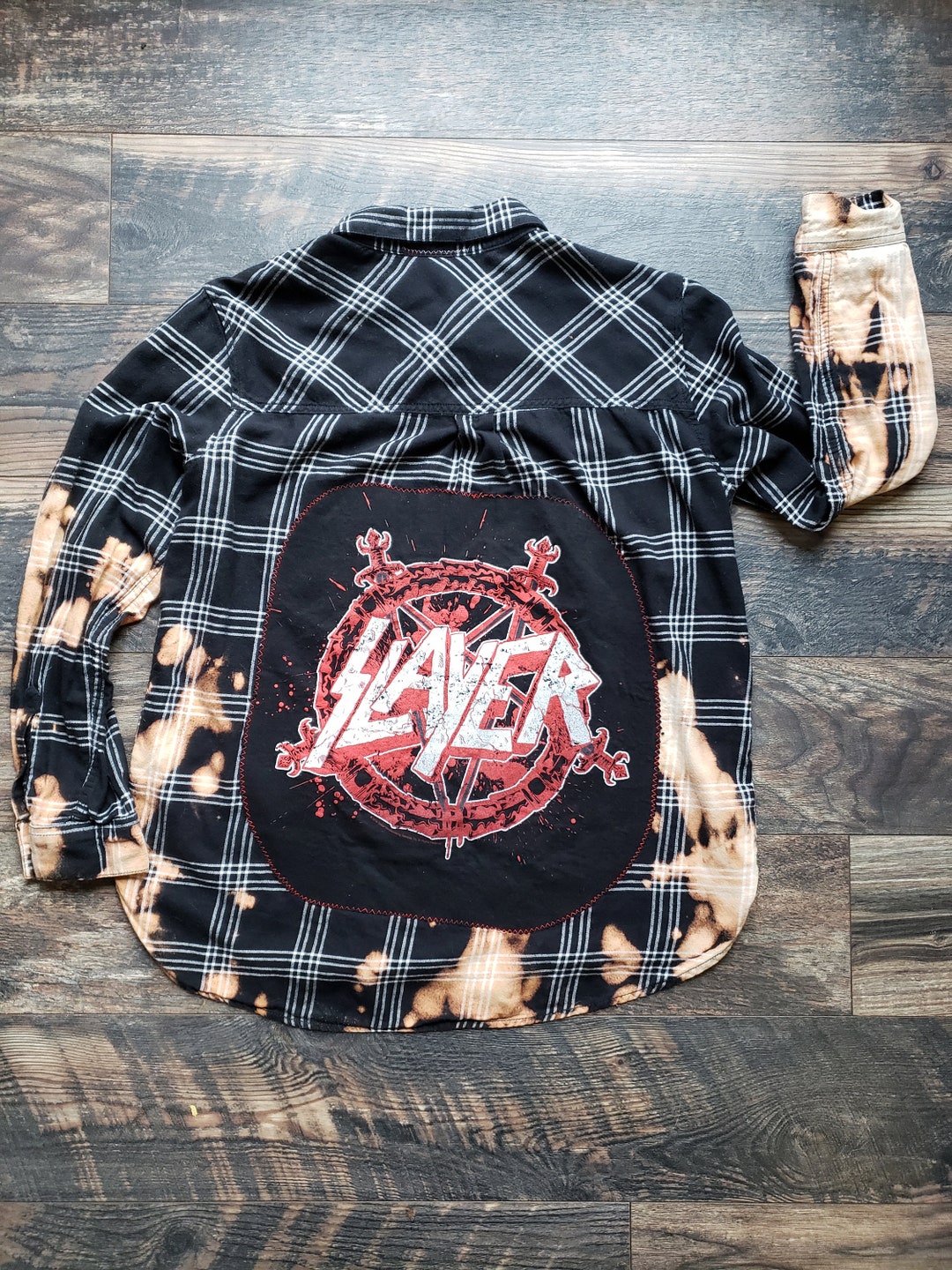 Custom Bleached Upcycled Slayer Plaid Flannel Shirt, Heavy Metal Tee ...