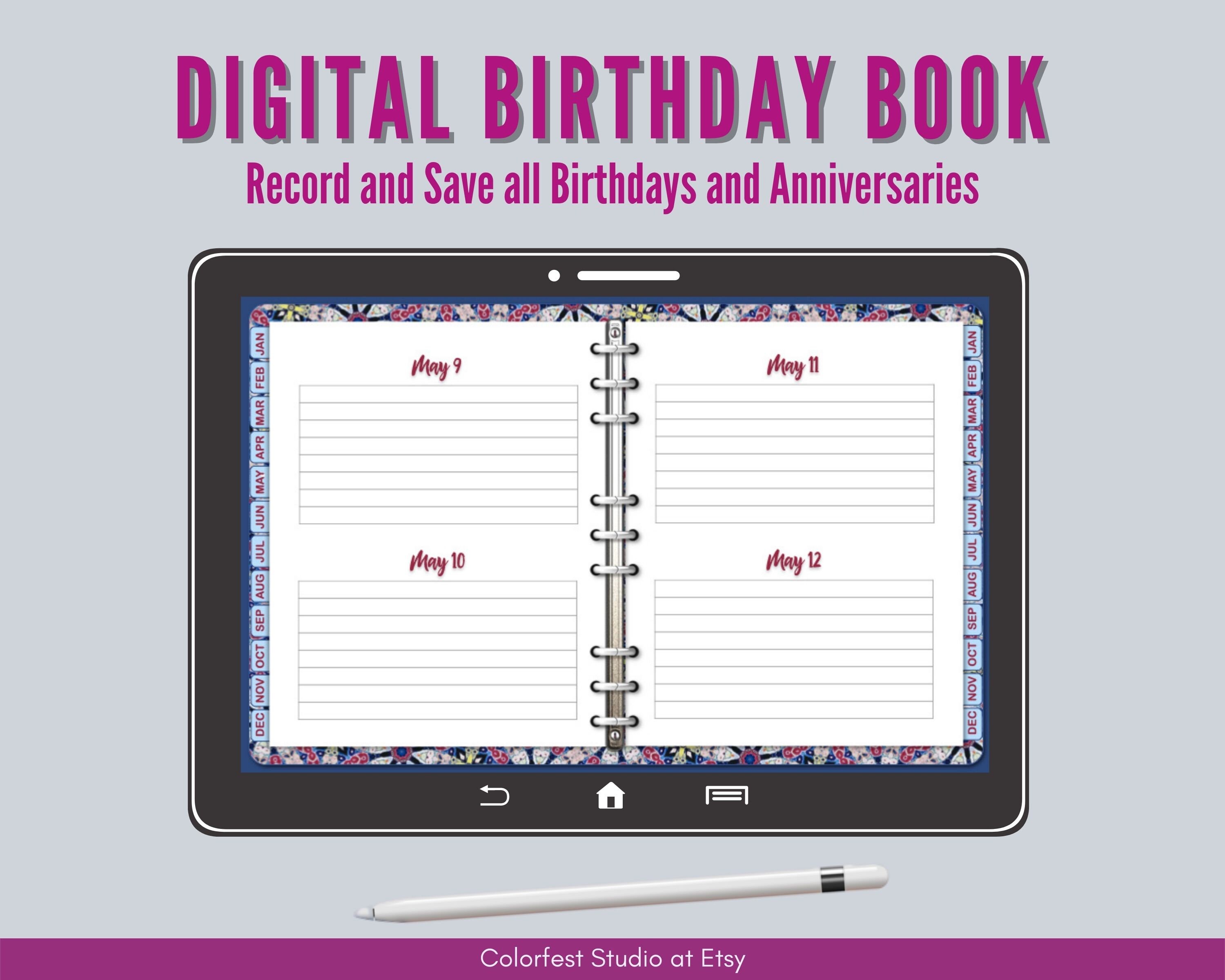 Digital Birthday Tracker & Calendar With Tabs. Anniversary Planner Date ...