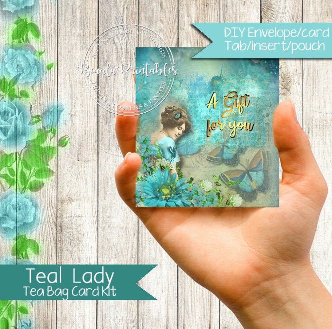 Printable Tea Bag Card Kit - Tea Bag Favor - Teal Lady Pocket Pouch Tea ...