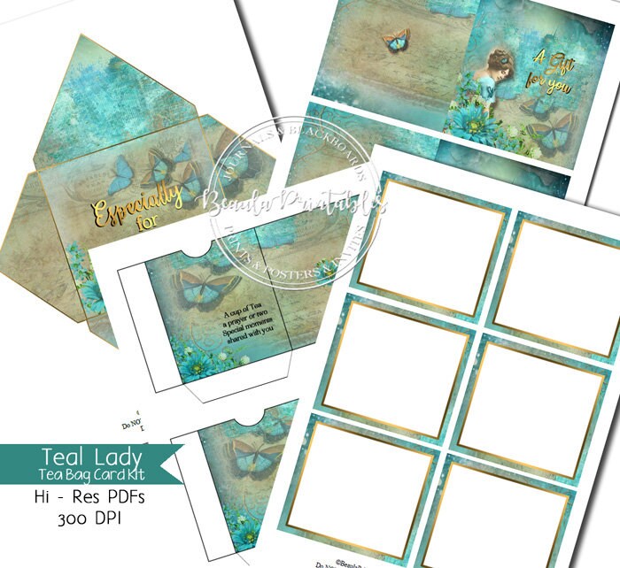 Printable Tea Bag Card Kit Tea Bag Favor Teal Lady Pocket Pouch Tea Kit ...