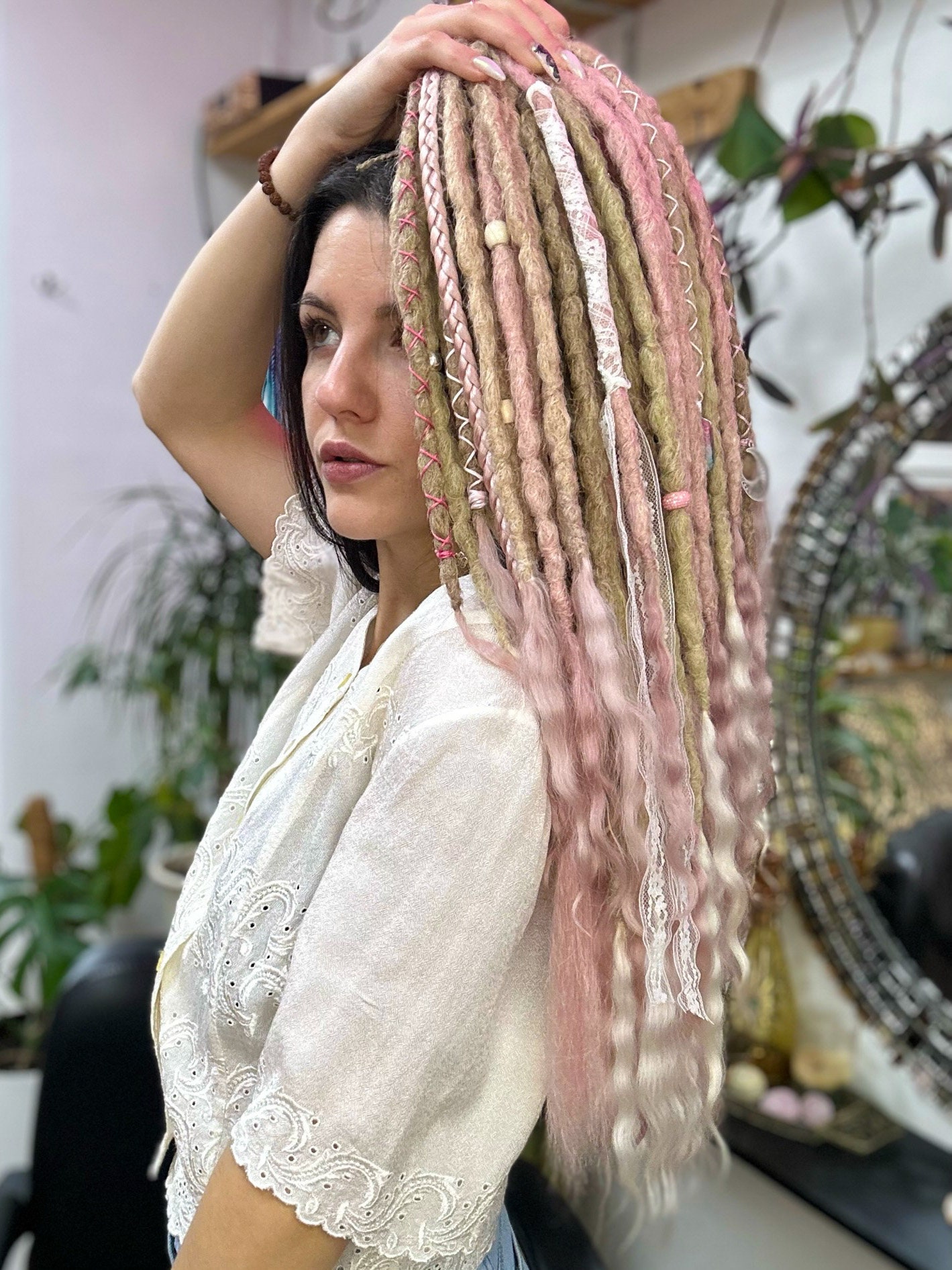 Boho Synthetic Dreadlocks Extensions, Goat Hair Ends, Pink Blonde ...