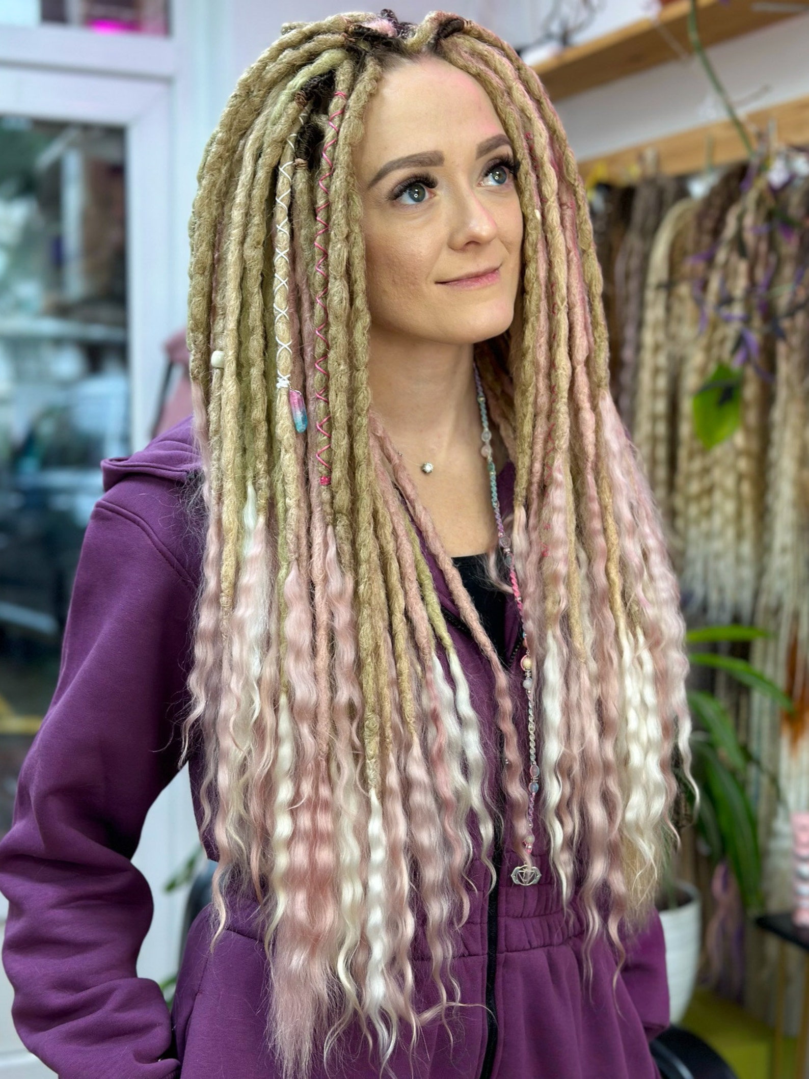 Boho Synthetic Dreadlocks Extensions, Goat Hair Ends, Pink Blonde ...