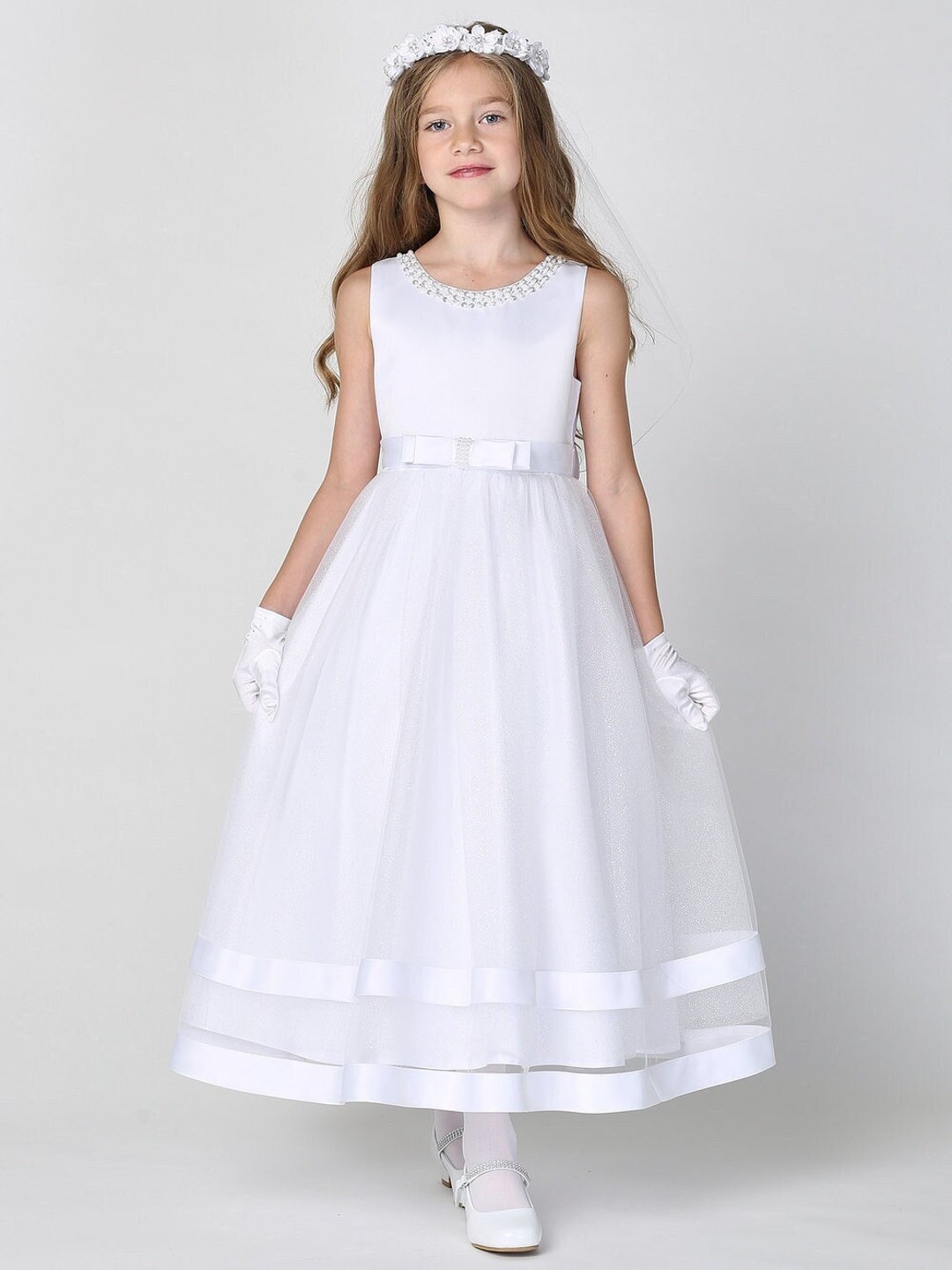 Girls First Communion White Dress W/ Satin Bodice 717 Flower - Etsy