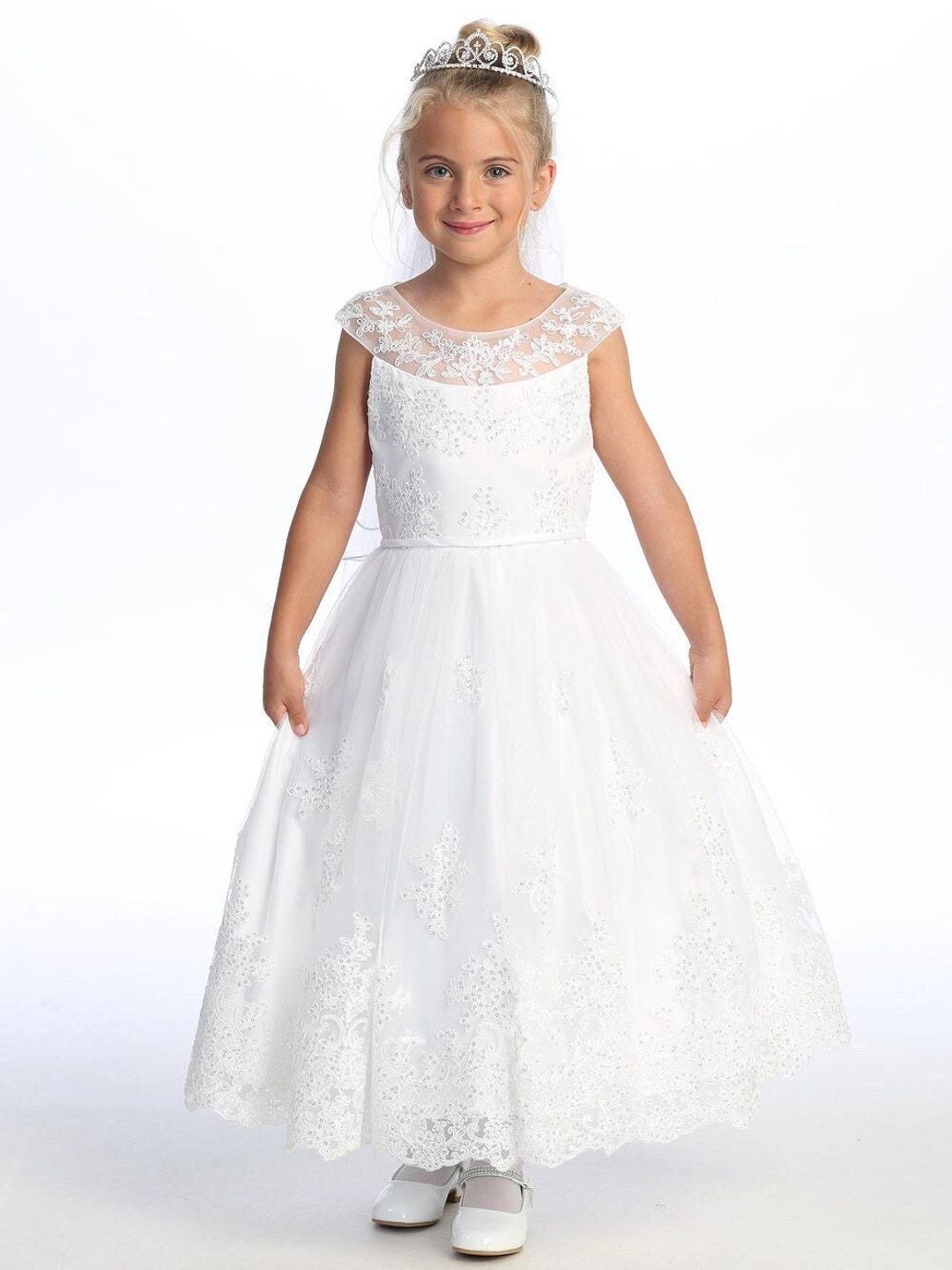 Girls White First Communion Dress W/ Embroidered Tulle & Sequins 725 - Etsy