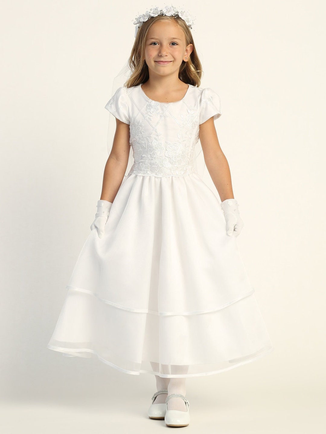 Girls White First Communion Dress W/ Embroidered Tulle & Sequins 205 - Etsy