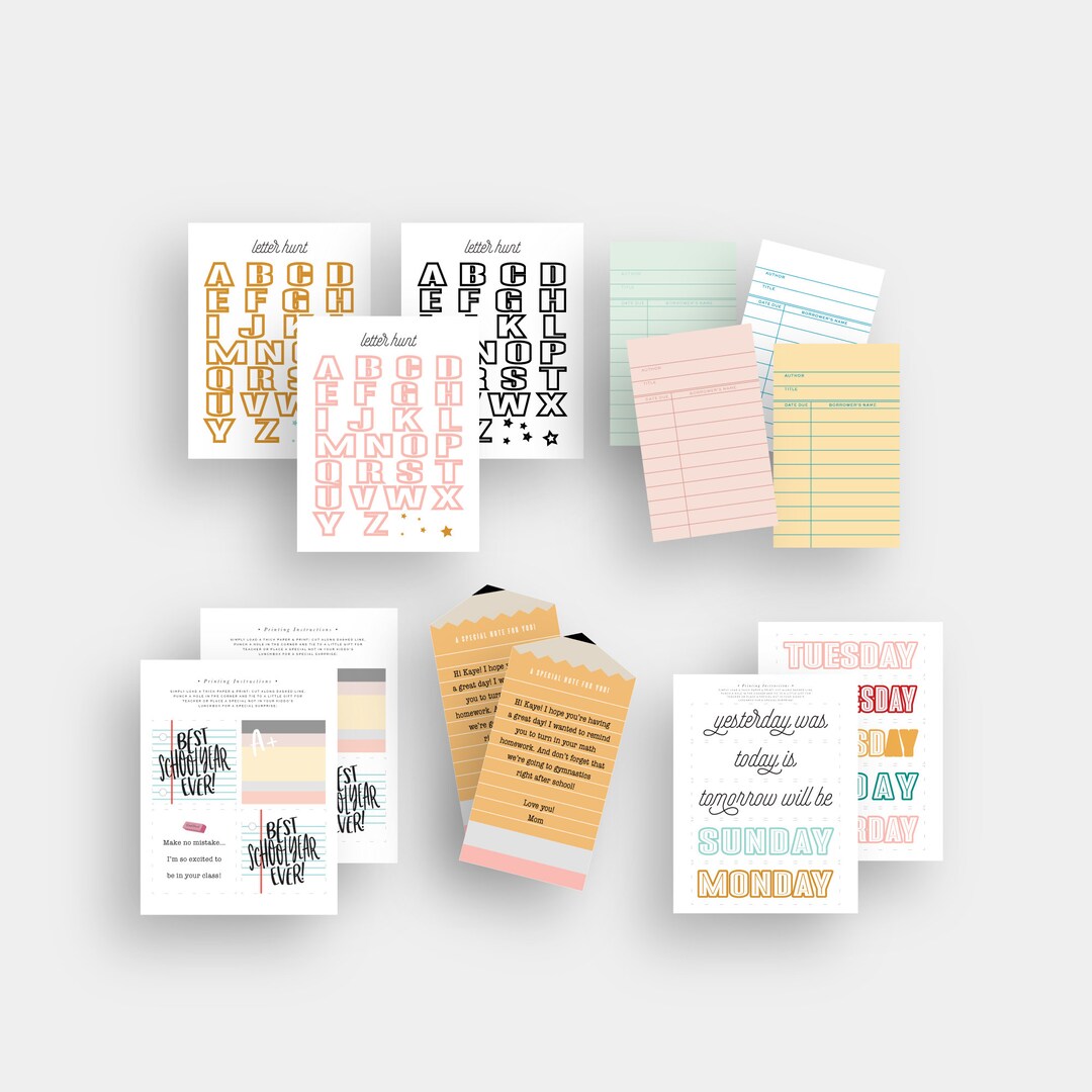 Back to School Printables First Day of Lunchbox Library Card Pennant ...