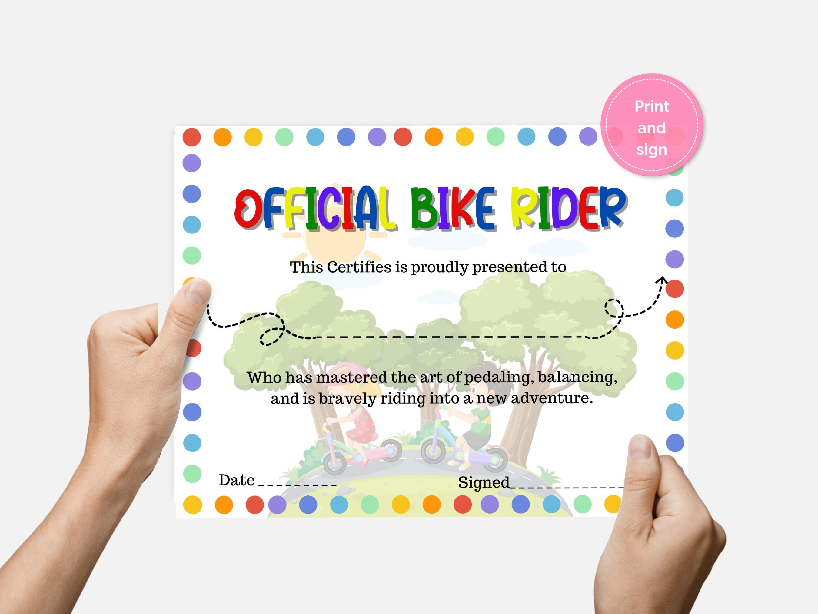 Official Bike Rider Certificate for Kids | Printable Milestone Award ...