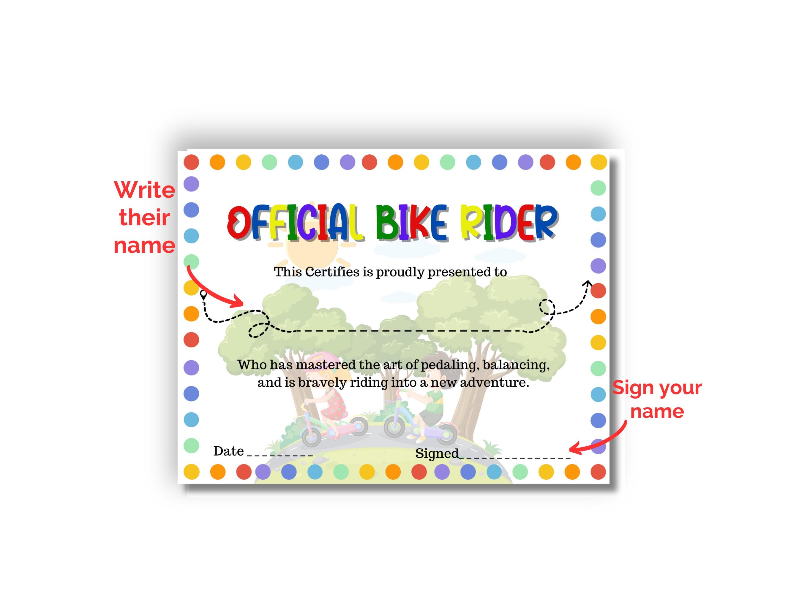 Official Bike Rider Certificate for Kids | Printable Milestone Award ...
