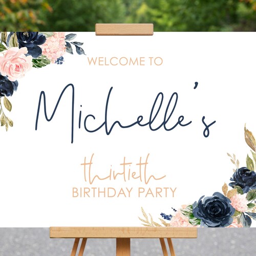 Navy and Peach Blush Pink Blue Flowers Printable Birthday | Etsy