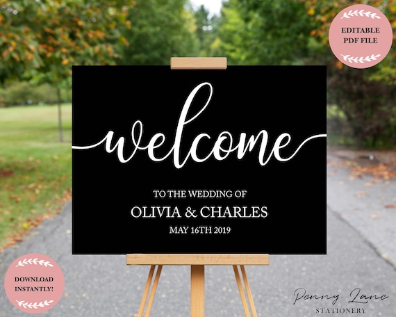EDITABLE PDF, Black Wedding Sign, Wedding Welcome Poster, Printable ...