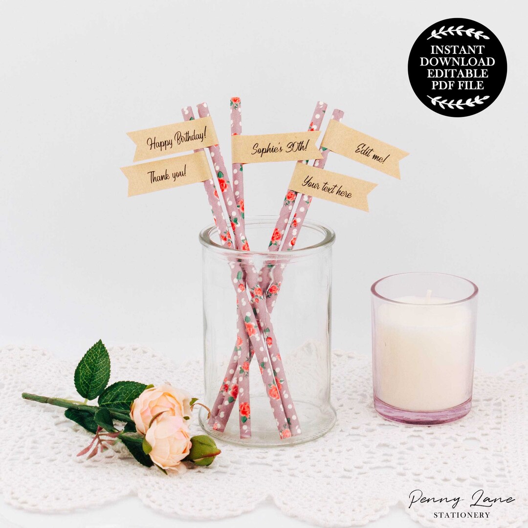 Editable Straw Flags: Personalized Party Tags (instant Download ...