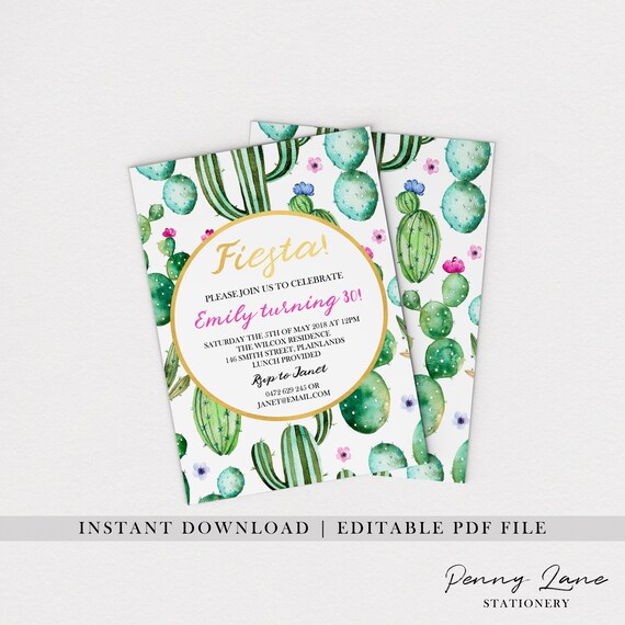 EDITABLE PDF, Gold Cactus Invite, Cactus Invitation, Fiesta Birthday ...