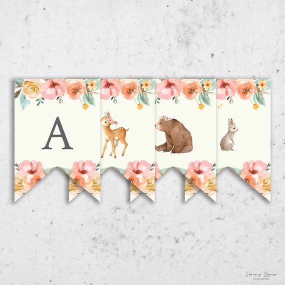 EDITABLE PDF, Pink Woodland Flag Banner, Bunting Banner, Baby Shower ...