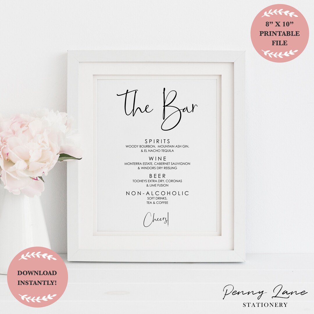 EDITABLE PDF, Wedding Bar Menu, Drinks List, Alcohol List, Bar Sign ...