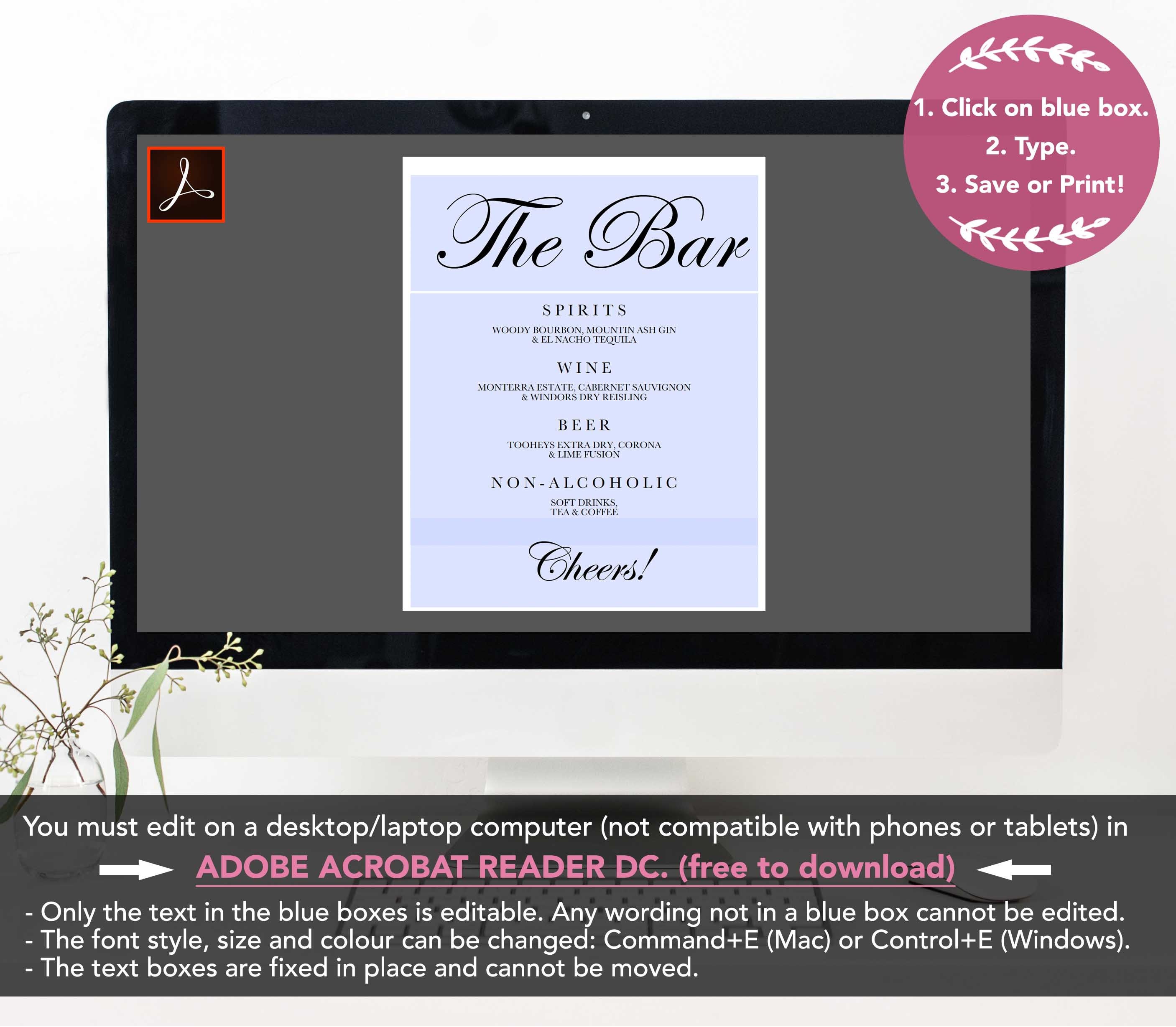 Editable Pdf The Bar Cursive Font Wedding Bar Menu Gothic Etsy