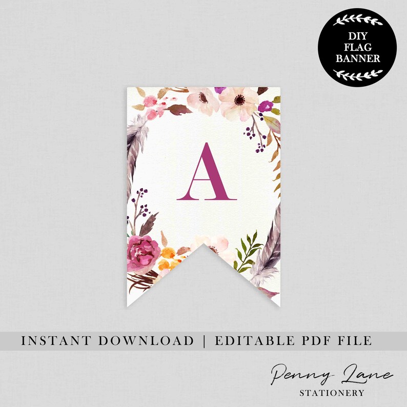 EDITABLE PDF Floral Banner Boho Bunting Bohemian Banner | Etsy