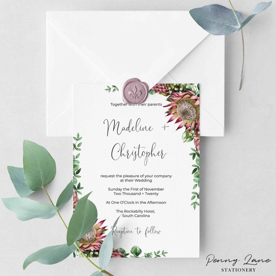 EDITABLE PDF, Protea Wedding Invitation, Australian Native Flowers ...