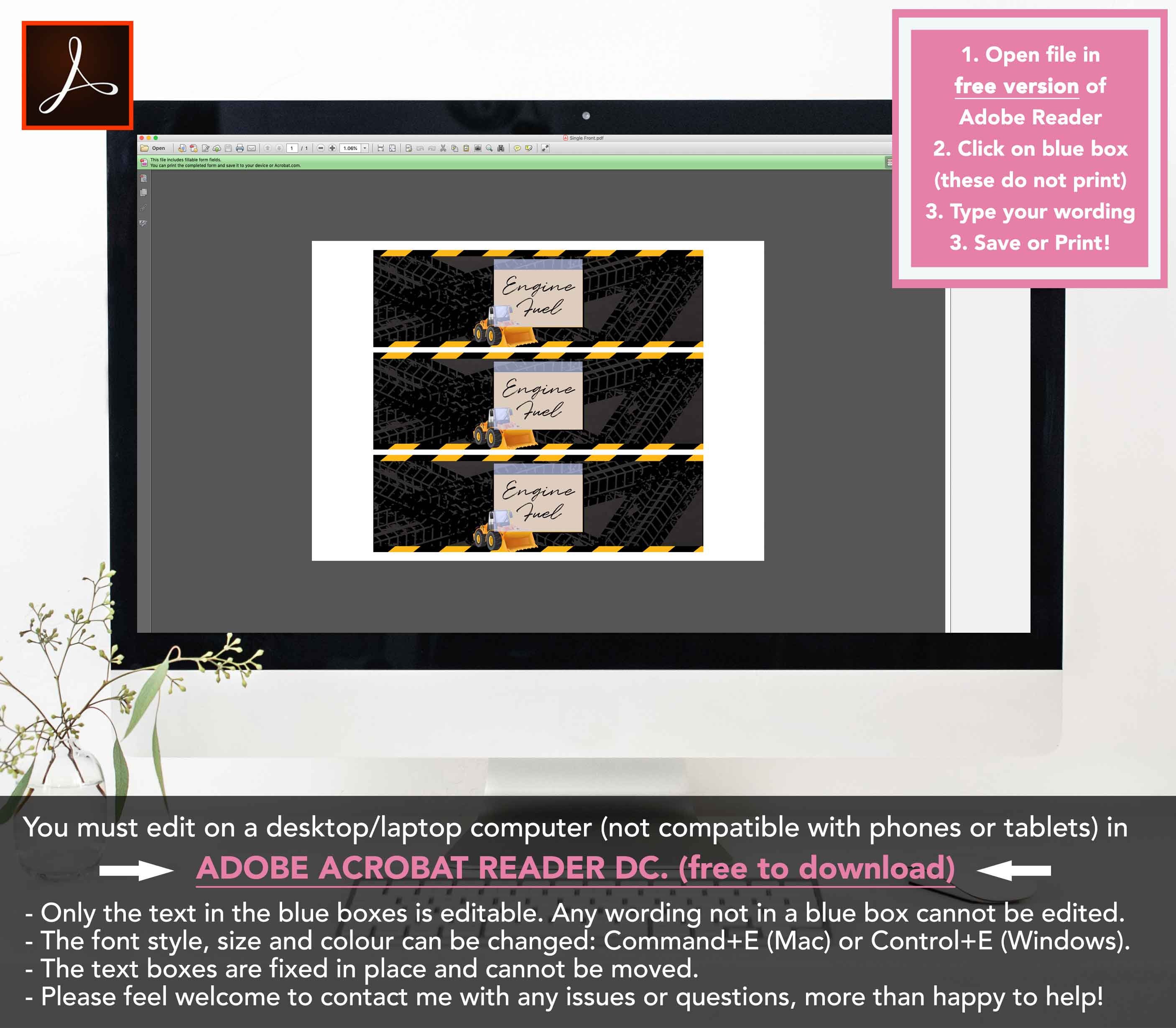 Editable PDF Water Bottle Label Digger Birthday Party - Etsy