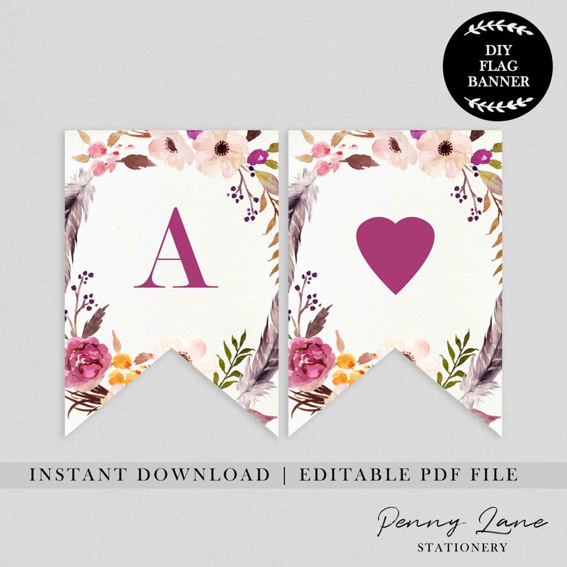 EDITABLE PDF Floral Banner Boho Bunting Bohemian Banner | Etsy