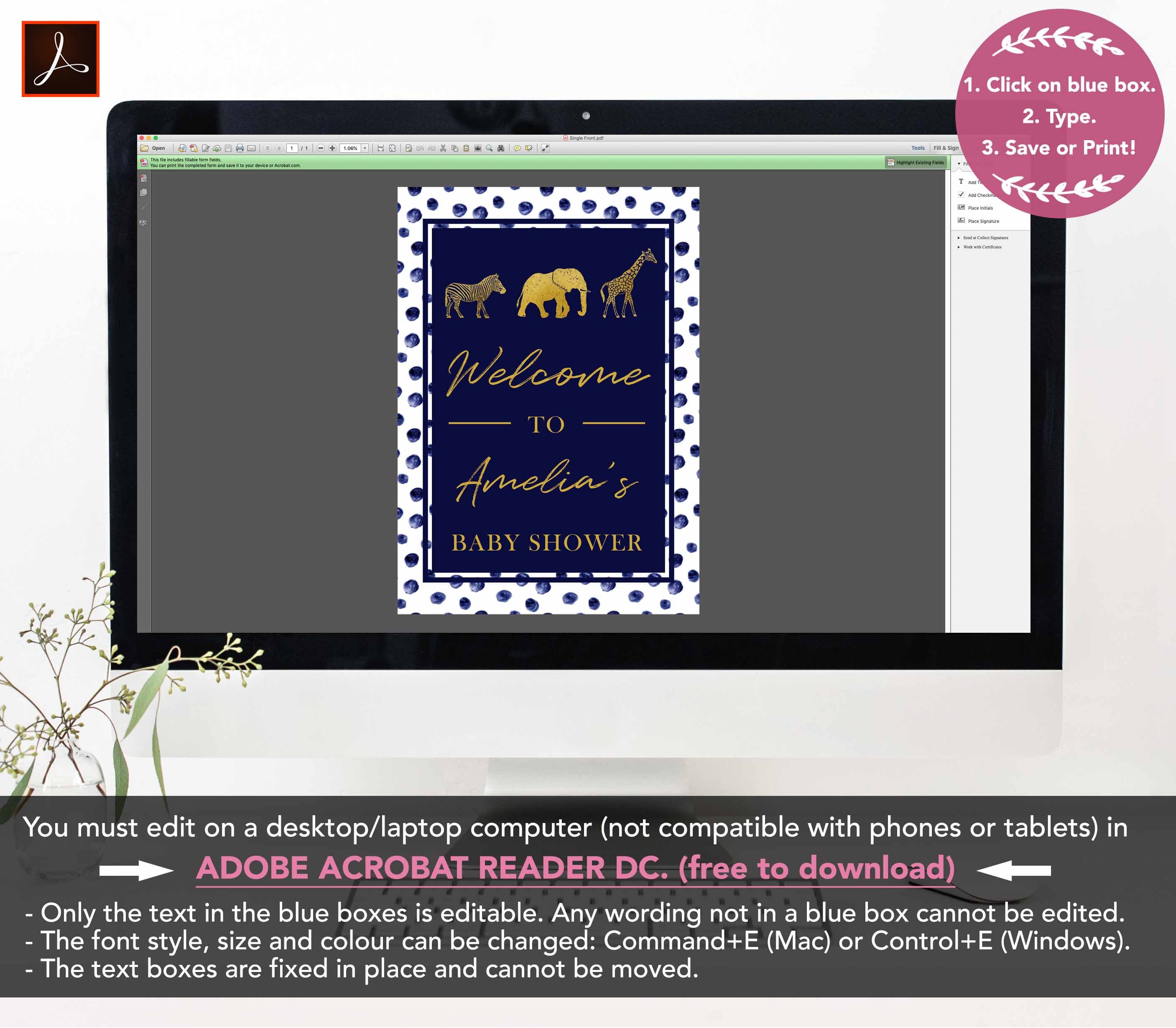 EDITABLE PDF Safari Animals Welcome Sign Baby Shower Poster | Etsy