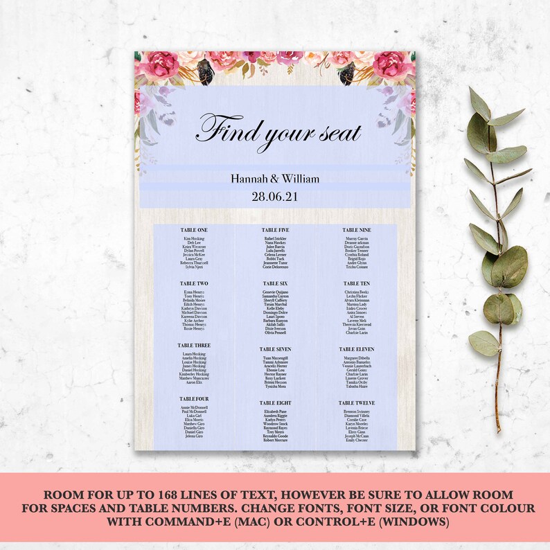 EDITABLE PDF Boho Wedding Seating Chart Seating Plan - Etsy