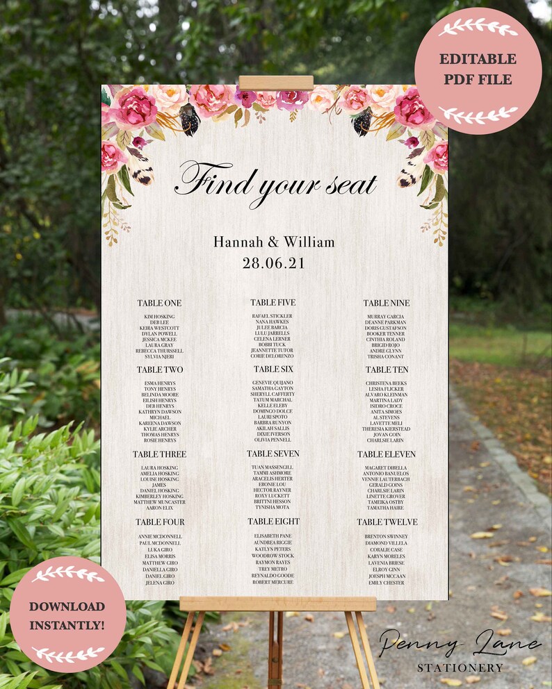 EDITABLE PDF Boho Wedding Seating Chart Seating Plan - Etsy