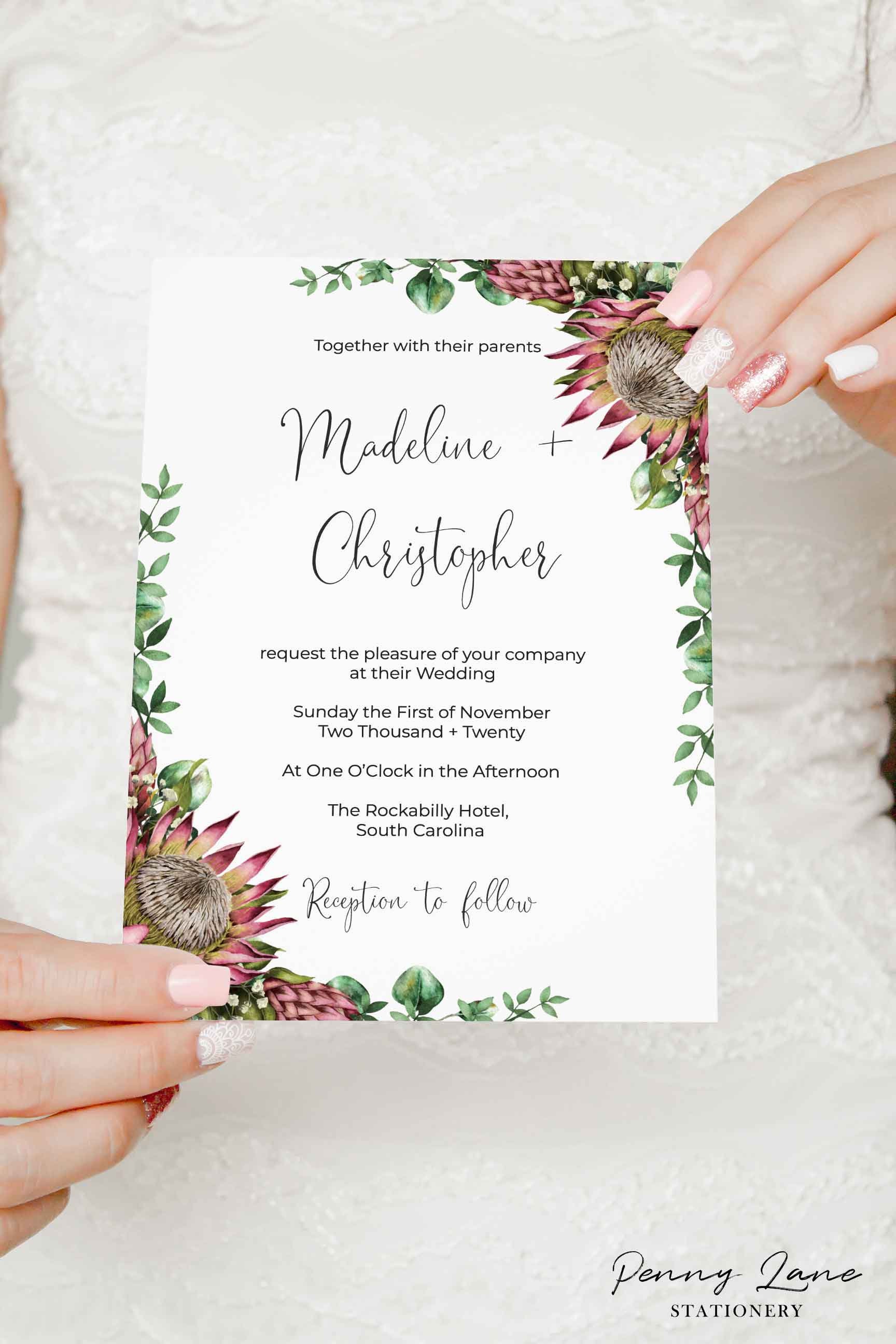 EDITABLE PDF Protea Wedding Invitation Australian Native | Etsy