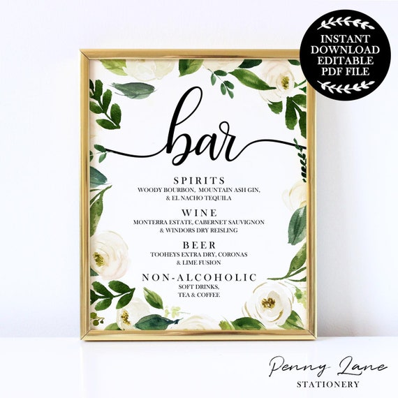 EDITABLE PDF, White Floral Bar Menu, White Roses, Wedding Bar Menu ...